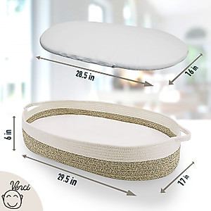 Baby Changing Basket for Dresser Top - 29.5 x 17 x 6 in, Organic Cotton Rope and Thick Removable Foam Pad, Portable Moses Basket Changing Basket for Babies, Waterproof Changing Pad