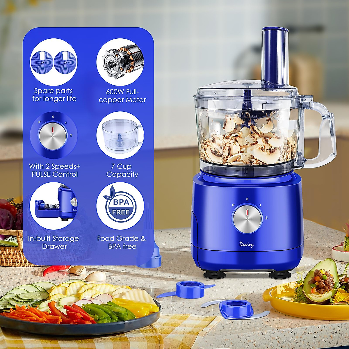 Davivy Food Processor 7 Cup,Built-in Storage Drawer Small Food Processor with 10 set blades,French fry cutting,Wavy slicing for Home Use,3-Speed, Blue,600W