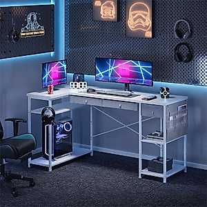 Ｍａｉｈａｉｌ Home Office Desk with Drawers and Shelves, 55” Computer Corner Desk for Small Space, Small L Shaped Desk with Side Storage for Bedroom, White