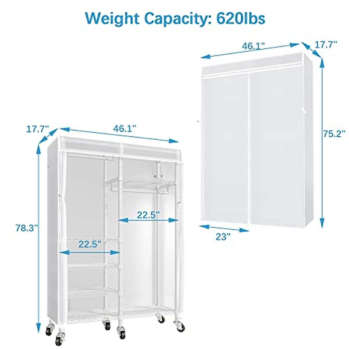 VIPEK R4C Garment Rack Rolling Clothes Rack 6 Tiers Heavy Duty Adjustable Wire Portable Closets with Lockable Wheels Wardrobe White Metal Clothing Rack with Frosted Translucent Cover, Max Load 620lbs