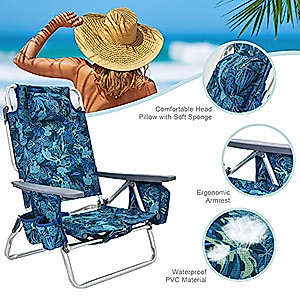 GYMAX Beach Chairs, 2Pcs Backpack Beach Chairs with Table, Tanning Lounge Chair with Armrest, Cooler Bag, Cup Holder, Towel Bar & Side Pockets, Folding Lounger Layout Chairs (Blue Leaves, with Table)