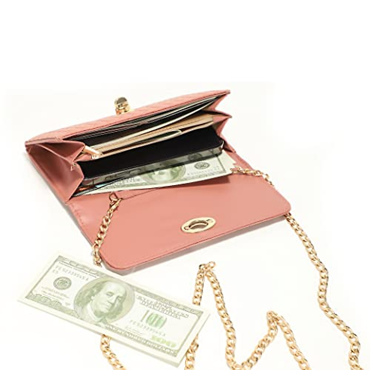 U+U Small Wallet Purses for Women Crossbody Bag Woven Credit Card Holder with Detachable Metal Chain Cell Phone Purse Women's Shoulder Handbags(Pink)