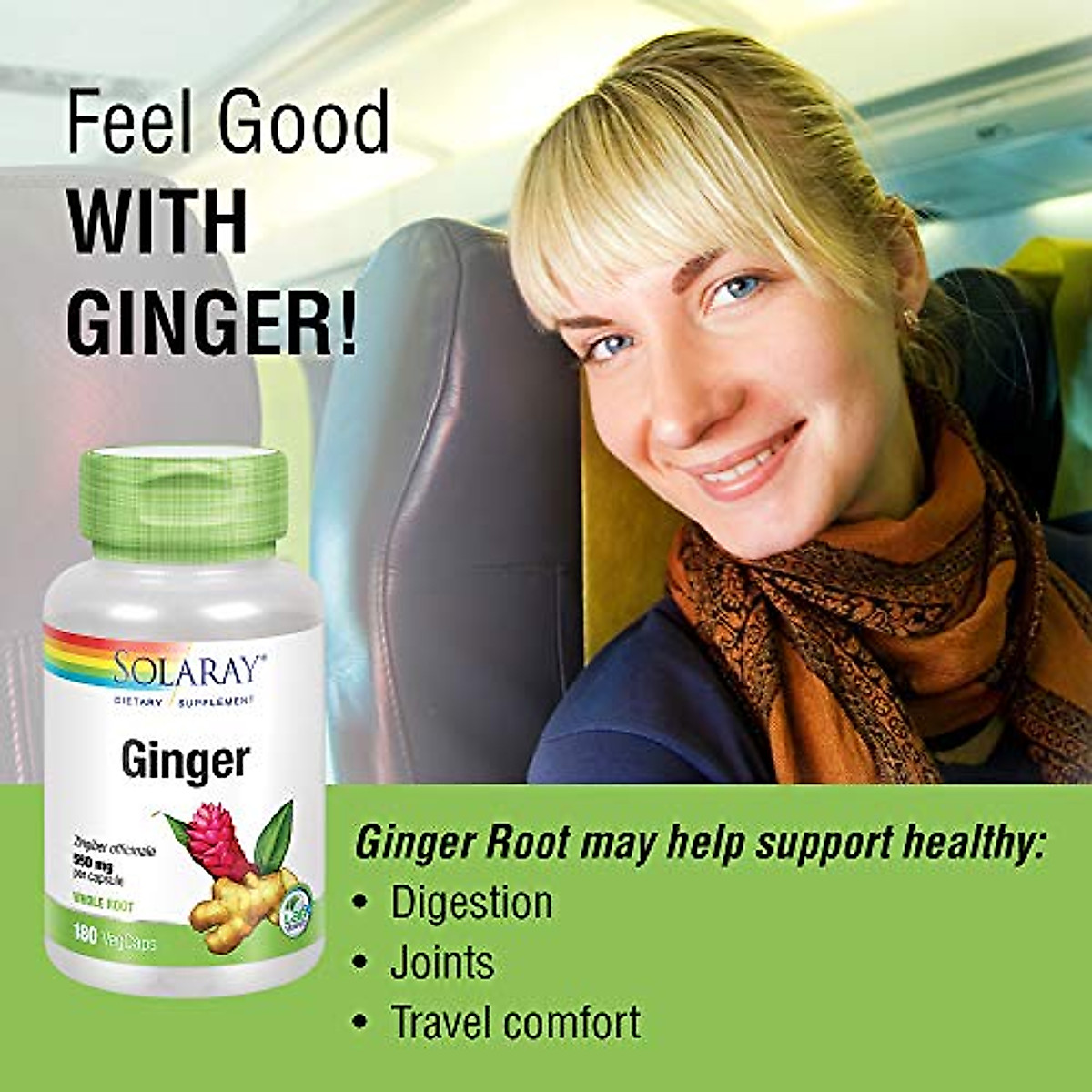 SOLARAY Ginger Root 1100mg | Healthy Digestion, Joints and Motion & Stomach Discomfort Support | Whole Root | Non-GMO & Vegan | 180 VegCaps