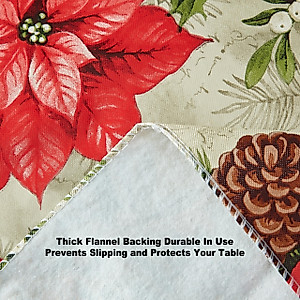 Newbridge Majestic Winter Poinsettia Festive Floral Christmas Print Vinyl Flannel Backed Tablecloth, Noel and Holly Berry Xmas Easy Care Wipe Clean Tablecloth, 60 Inch x 84 Inch Oblong/Rectangle
