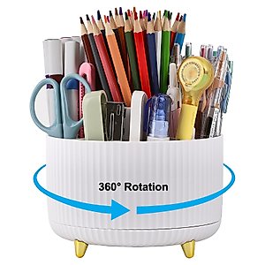 XHEHOY Pencil Pen Holder for Desk, 360 Degree Rotating Desk Organizers with 5 Slots, Cute Pen Cup for Office, School, Home and Art Supply, Desktop Storage Stationery Supplies Organizer, White