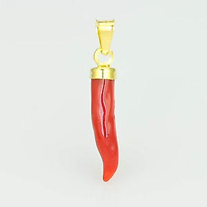 JJP Jewelry Good Luck Coral Charms - Cornetto - Coral Horn made of Genuine Italian Corallium Rubrum Harvested and Handcrafted in Italy - 18K gold Plated Bale - 0.8 inch.