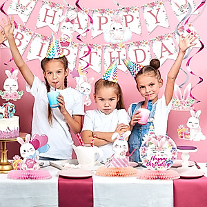 26 Pcs Easter Bunny Birthday Party Decorations Kit Bunny Party Supplies Bunny Birthday Banner Bunny Honeycomb Centerpiece Rabbit Hanging Swirls Cutouts for Girl Baby Shower Party Supplies