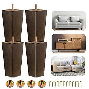 Yes4All 6 Inches Square Wood Furniture Legs Set of 4 - Wooden Replacement Feet for Couch, Bed, Bench - Adjustable Sofa, Ottomans Tapered Leg with Leveler - Brown Rubber Wood Parts for Table, Chair