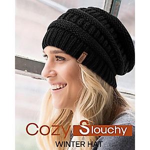FURTALK Winter Beanie for Women Satin Lined Warm Knit Skull Slouch Beanie Hat (Black-Satin Lining, One Size)