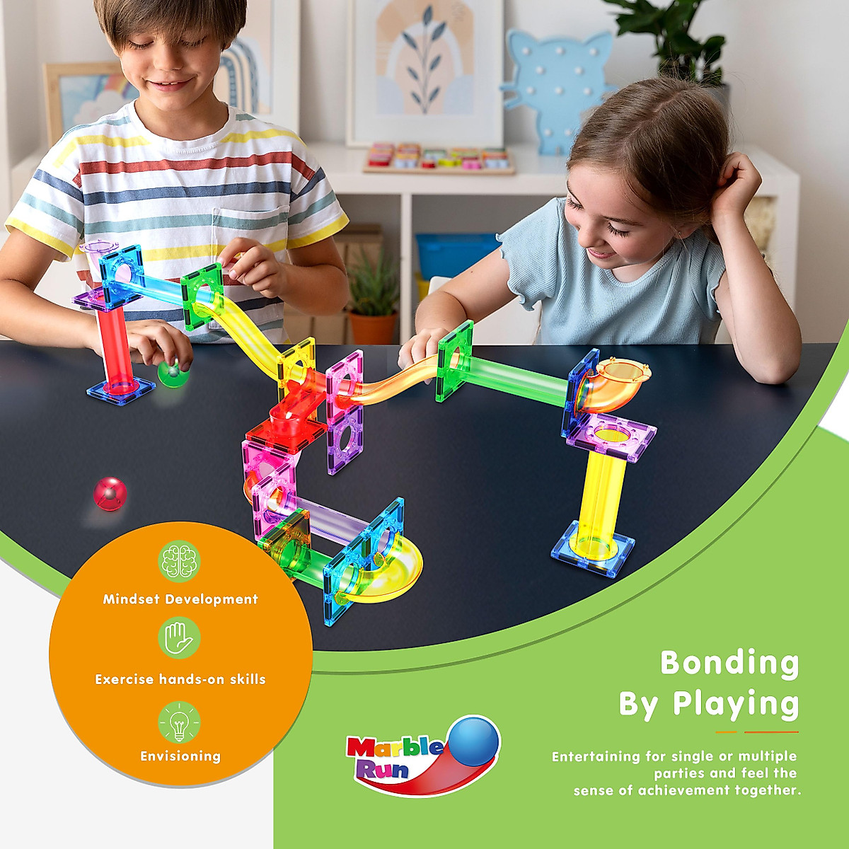 PicassoTiles Marble Run Magnetic Tile Race Track Toy Play Set STEM Building & Learning Early Educational Child Magnet Construction Block Creative Kit Boys & Girls Age 3+ Years Old Toys PTG40