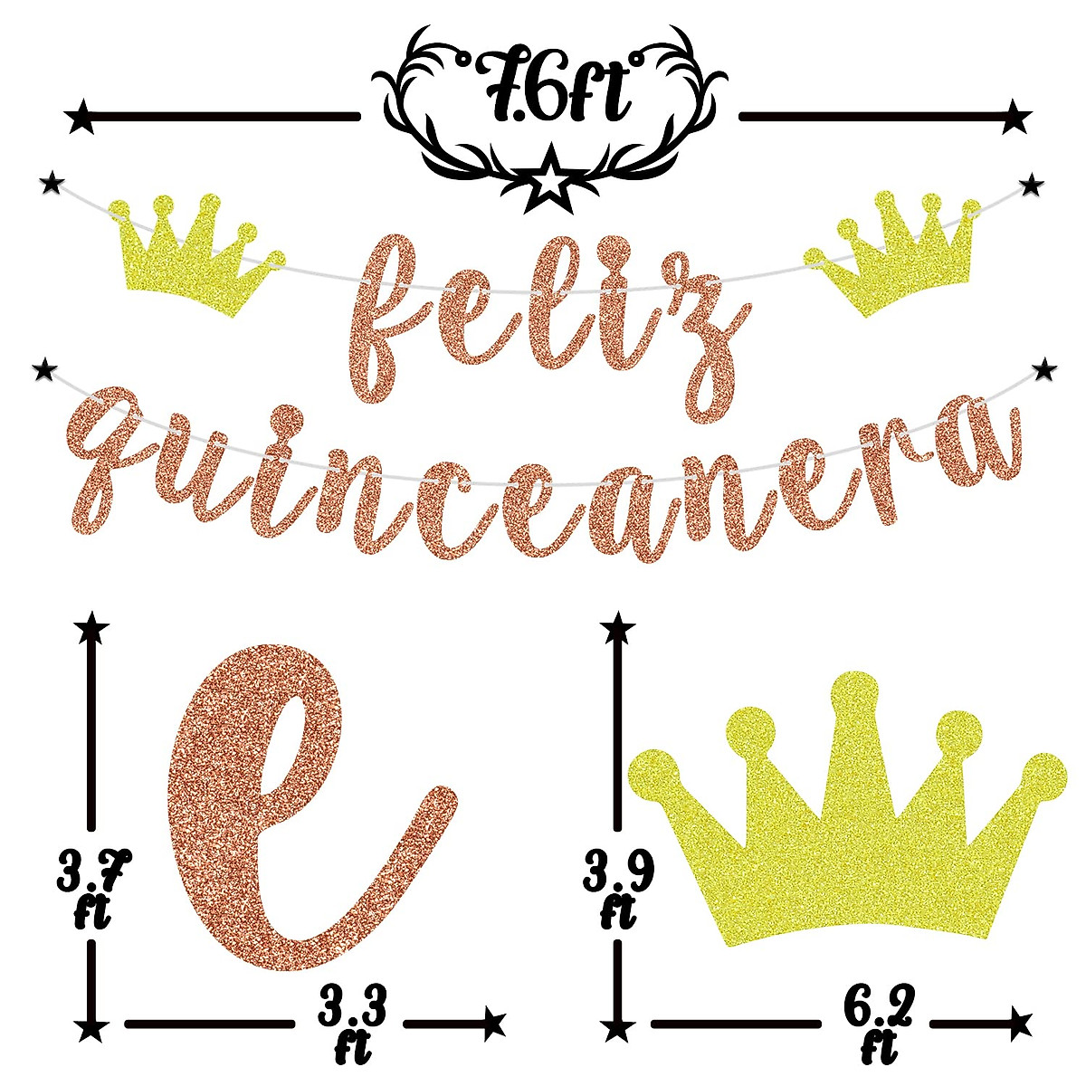 Rose Gold Glitter Feliz Quinceanera Banner, Happy Quinceanera/Princesa De Quince/Mis Quince 15, Spanish 15th Birthday Party Decorations