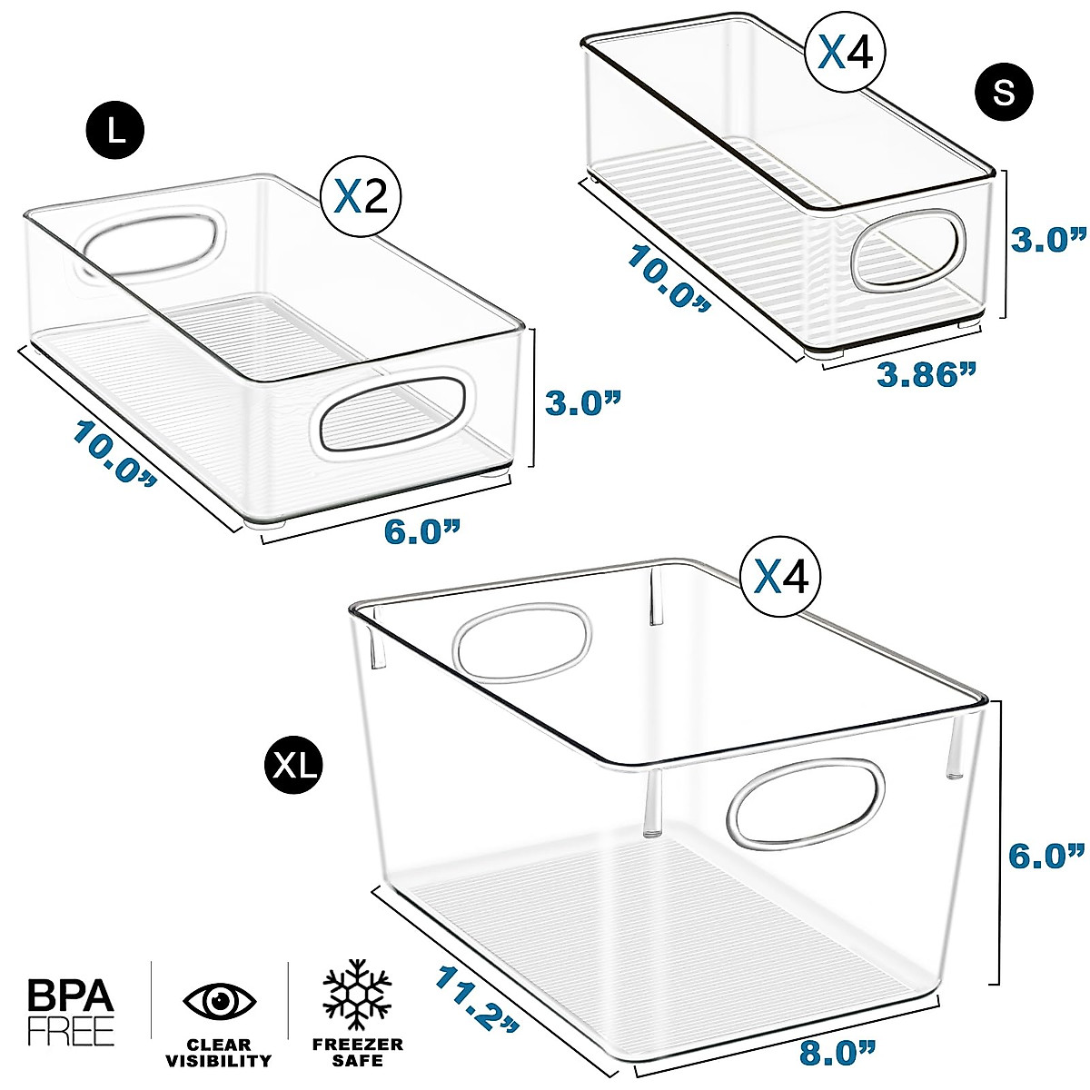 Clear Fridge Organizer Bins Set - 10 Piece Plastic Refrigerator Organizers and Storage Bins, Clear Freezer Storage Bins, Fridge Organization Bins, Snack Organizer Fridge Bins with Handle for Freezer