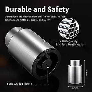 Wine Bottle Stoppers，2-in-1 Vacuum Wine Stopper，Stainless Steel Wine Savers, Reusable Wine Preserver, Vacuum Pump Corks Keep Wine Really Fresh, Best Gift Accessories,Hanlomele(1 Pack) (Silver)