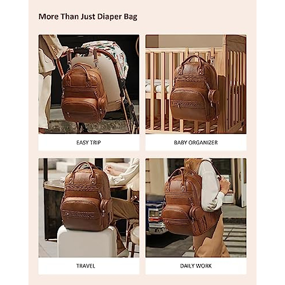 ROSEGIN Vegan Leather Diaper Bag Backpack with Changing Pad and Pacifier Holder, Multi-Functional Baby Bag for Boy Girl, Waterproof for Travel, Perfect Baby Shower Gifts for Mom, Dad, Newborn, Brown