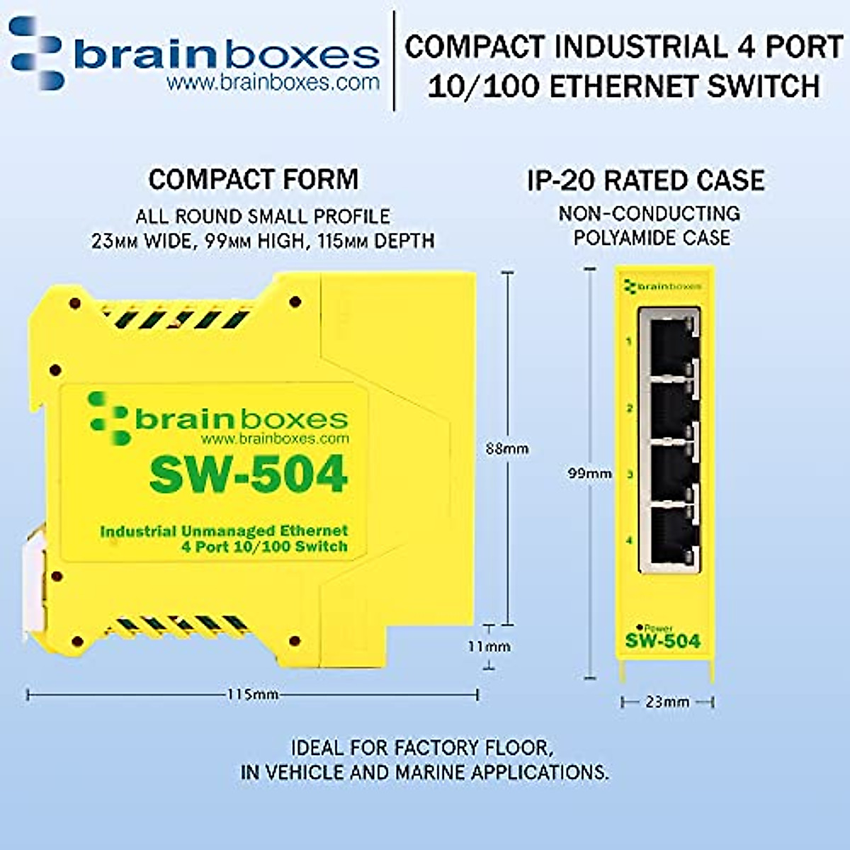 Brainboxes Switch - 4 Ports - DIN Rail mountable (SW-504)