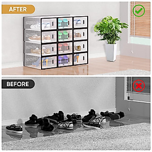 BALEINE 12 Pack Stackable Shoe Storage Boxes Fit Size 9, Thickened Clear Shoe Box Bins with Lids, Plastic Foldable Shoe Rack Organizer Sneaker Storage Containers (Large, Black)