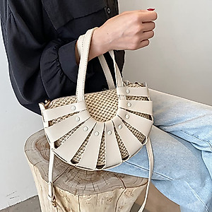 QTKJ Hand-woven Cute Women Summer Beach Semi-circle Rattan Straw Handbags, Splicing Shoulder Bag Cross body Straw Bag with Leather Shoulder Strap (Beige)