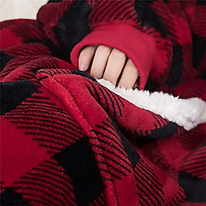 FLYCHEN Blanket Hoodie Blanket Oversized Wearable Sherpa Hoodie with 2 Pockets Red Plaid