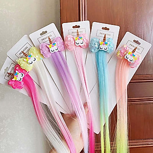 SVNMU 6pcs Colorful Unicorn Hair Extensions for Little Girls Ombre Color Hair Clips Kawaii Hair Accessories for Kids Birthday Gift,Princess Costume Dress Up,Party Favors(Unicorn-Clips)