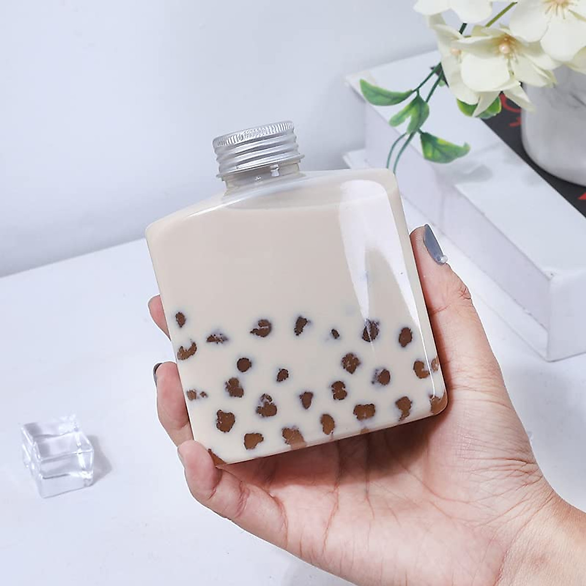 Elsjoy 24 Pack Plastic Juice Bottles, 8.5 Oz Clear Liquor Bottle Flat Slim Beverage Container with Aluminum Cap, Portable Water Flask for Drinks, Milk, Tea, Alcohol, Leak Proof