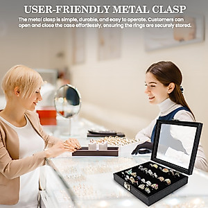 Novel Box Ring Display Glass Case Black 8.25x7.25x2 Inches with 36-Slot Black Ring Foam Insert - Travel Ring Case with Metal Clasp - Jewelry Box to Keep Rings Dust Free & Secure