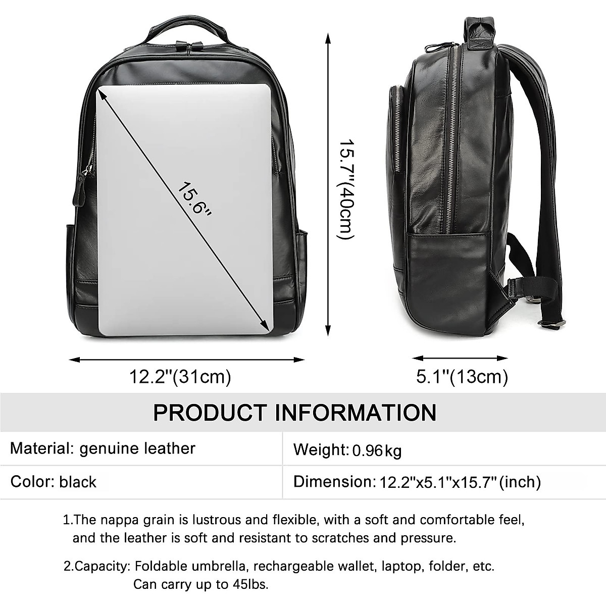 DEHAI Genuine Leather Laptop Backpack For Men 15.6 inch Computer Business Travel Shoulder Bag Large Capacity Women Back Pack Purses Work Daypacks for Weekender/Shopping/Casual/College-Black