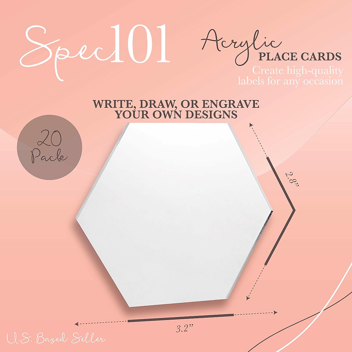 Spec101 Acrylic Place Cards - 2 x 3.5 Inch Hexagon Acrylic Blanks for Acrylic Signs and Table Place Cards, 20Pc