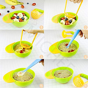 Baby Food Feeder Fruit Feeder Pacifier (2 Pack) with 3 Different Sized Silicone Pacifiers, Mash and Serve Bowl with 4 Baby Spoons Silicone Soft-Tip Infant Spoon, Baby First Stage Feeding Set by MICHEF