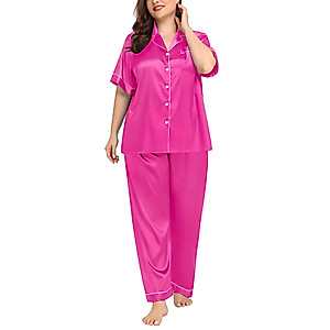 SWOMOG Satin Pjs for Women Plus Size Pj Set Summer Pajamas Smooth and Soft Pajama Set Comfy Nightwear 24W Rose Red