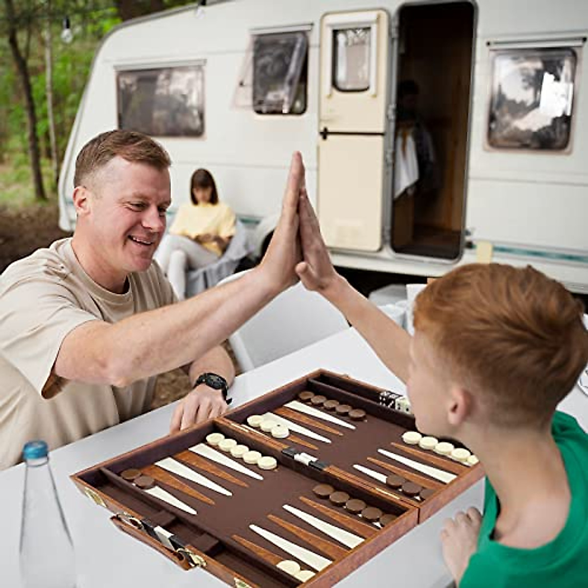 Sun Flair Backgammon Set - 15 Inch Backgammon Sets for Adults, Folding Classic Board Game with Premium Leather Case, Best Strategy and Tip Guide Enclosed (Brown, Medium)