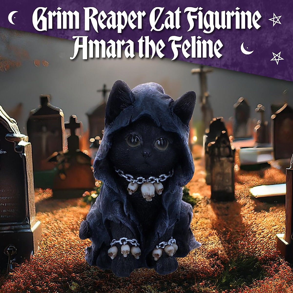 Nemesis Now Grim Reaper Cat Figurine, Hand-Painted Black Kitten with Olive Eyes and Skull Charms, Gothic Collectible Decor, 16cm