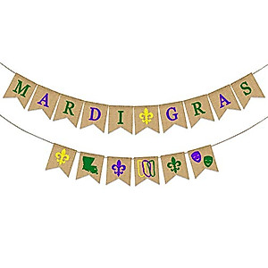 Mardi Gras Banner Burlap | Mardi Gras Decorations | Gold Purple Green Mardi Gras Banner for Mantel Fireplace | Rustic Mardi Gras Party Decorations Supplies | Mardi Gras Outdoor Indoor Hanging Decor