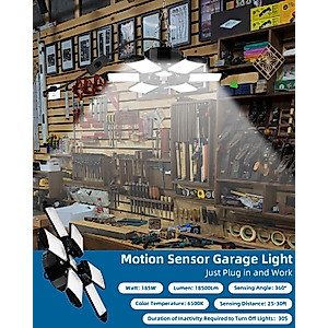 FAMURE Garage Light with Motion Sensor, 185W LED Ceiling Shop Lights Plug in, 18500Lm Super Bright 6000K Motion Indoor Lamp with 6 Deformable Panels, Linkable Ceiling Garage Lights for Warehouse