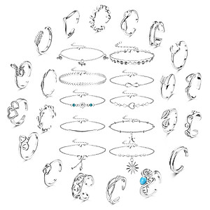 ORAZIO 30PCS Anklet Toe Rings Silver Rose Gold Plated Toe Rings Ankle Bracelets For Women Cute Anklets Open Tail Rings Adjustable Summer Beach Foot Jewelry