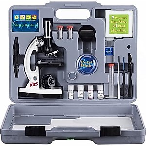 AmScope 120X-1200X 52-pcs Beginner Microscope STEM Kit with Metal Body Microscope, Plastic Slides, LED Light and Carrying Box (M30-ABS-KT2-W),White
