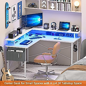 armocity L Shaped Computer Desk with Power Outlets, Gaming Desk L Shaped with LED Lights, Corner Desk with Storage Shelves, Work Study Desk for Bedroom, Home Office Small Spaces, 47'', White
