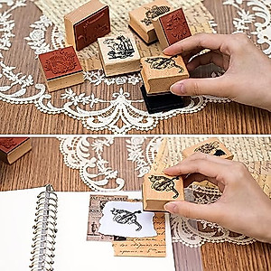 Toptime Wooden Rubber Stamps, 6 Pieces Stamps with 4 Ink Pad, Vintage Wood Stamps with Cat and Bird Pattern, Flower Stamps and Animal Stamps Set for Journaling, Scrapbooking, Card Making