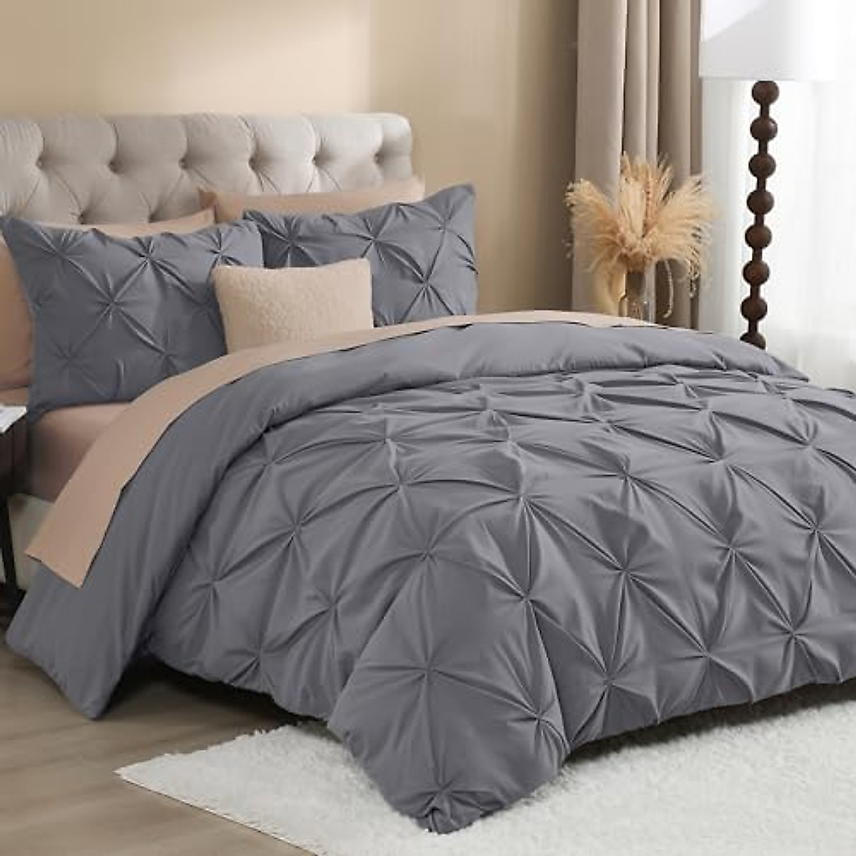 Litanika Queen Grey Pinch Pleat Duvet Cover, 3 Pieces Pintuck Cover Soft Microfiber Bedding Set with Zipper Closure & Corner Ties(104x90Inch-1 Duvet Cover, 2 Pillowcases)