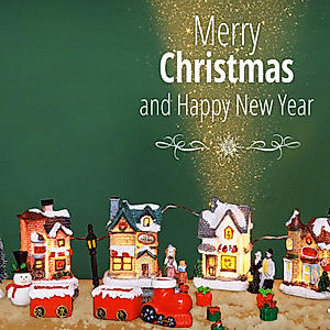 Yerliker Christmas Village Set LED Lights Houses with Figurines Battery Operated TZ0346