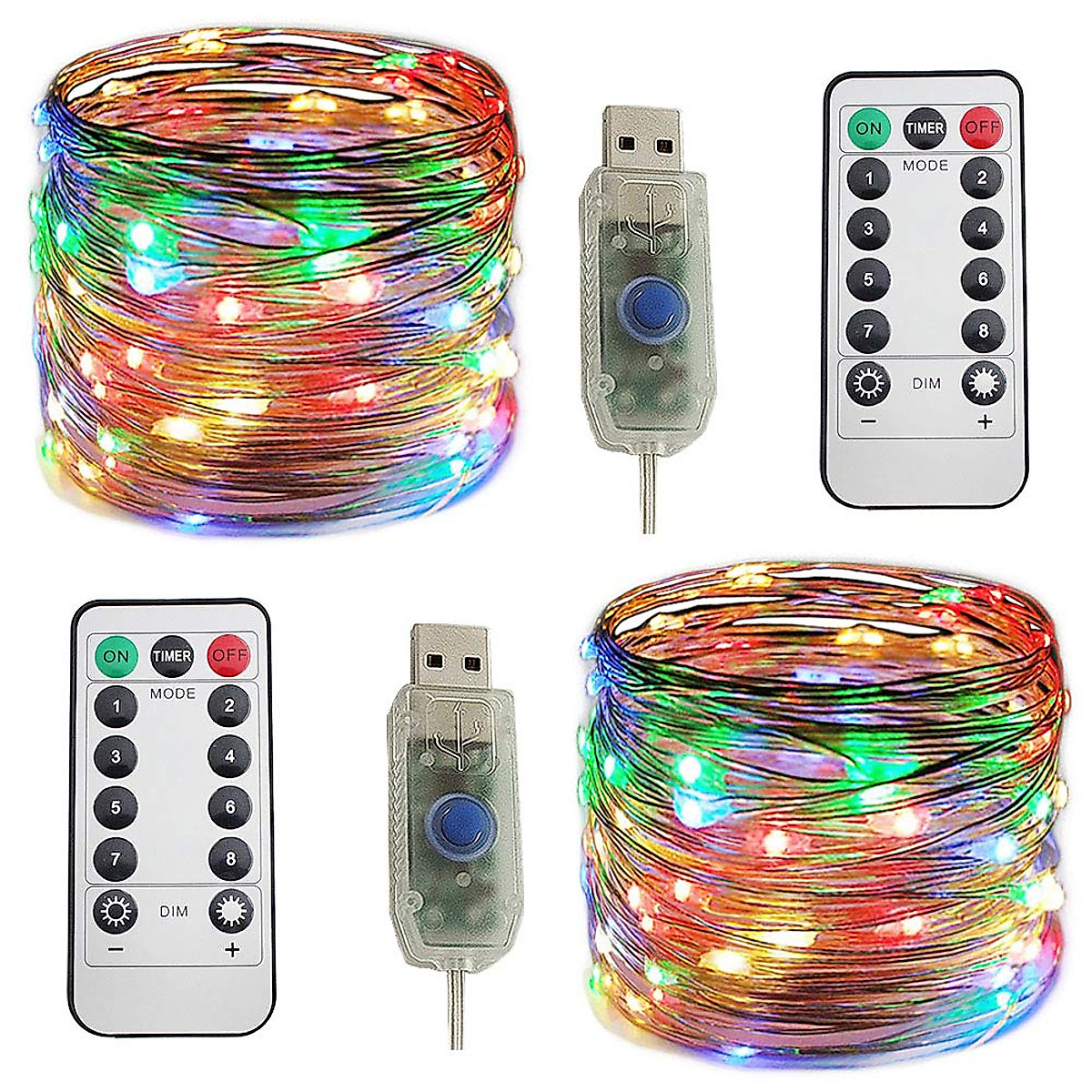 Huakway USB LED String Lights 33ft 8 Modes (2-Pack) 100 LEDs Remote Control Timer Waterproof 4 Color Mini Flexible Copper Wire Outdoor Indoor Deco Dorm Home Garden Party