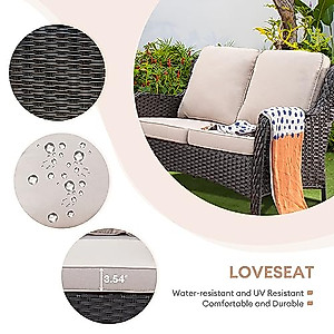 XIZZI Outdoor Wicker Furniture Patio Set 6 Pieces Backyard Furniture Brown Rattan Conversation Sets with 50,000 BTU Propane Fire Pit Table,Swivel Chairs,Rattan Sofa,Loveseat and Side Table,Beige