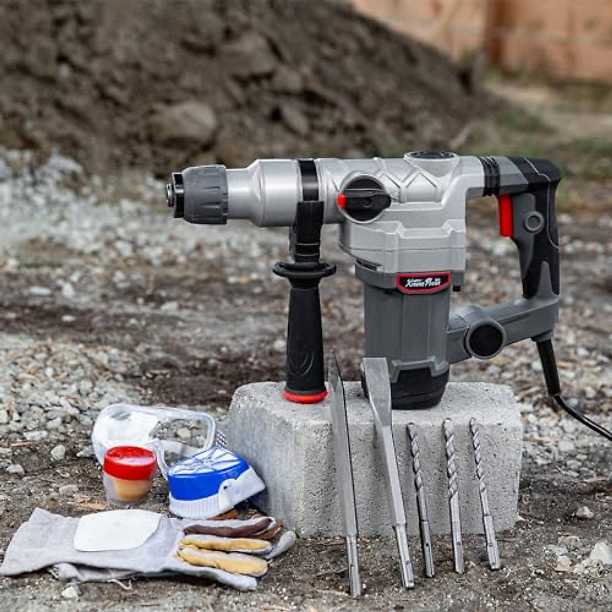 XtremepowerUS 1200W Electric Rotary Hammer SDS Plus Drill Swivel Adjustable Handle Drilling With Chisel Flat Bit Set Carrying Case