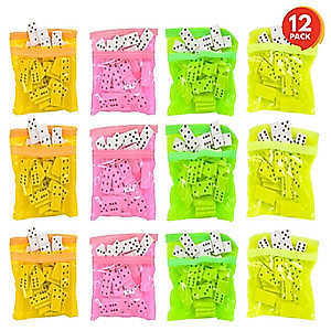 ArtCreativity Domino Game Set - Pack of 12 - Each Domino Set Includes 28 Pieces Per Neon Pink, Yellow, Green and Orange Bags - Great School, Carnival Prizes - Awesome Party Favor - Fun Game for Kids