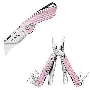 FantastiCAR Pink Utility knife Box cutter with Extra Blades and Multifunctional Pliers Set, Stainless Steel Body and Gift Packaging Box