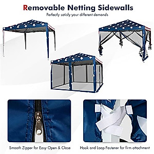 Tangkula 10x10 ft Pop-Up Canopy Tent, Outdoor Canopy Tent with Carry Bag, Waterproof Screen House Room Tent with Netting for Camping, Backyard, Wedding, American Flag Printing