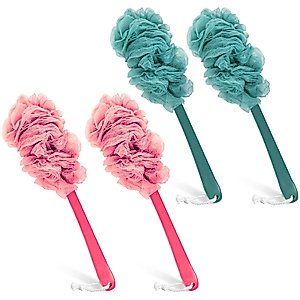 Back Scrubber for Shower, Qewro Loofah on a Stick as Shower Brush Exfoliating Body with Long Handle, Loofah Sponge Mens Loofah Bathing Accessories for Women (2Pack Blue) (4Pack Blue and Pink)