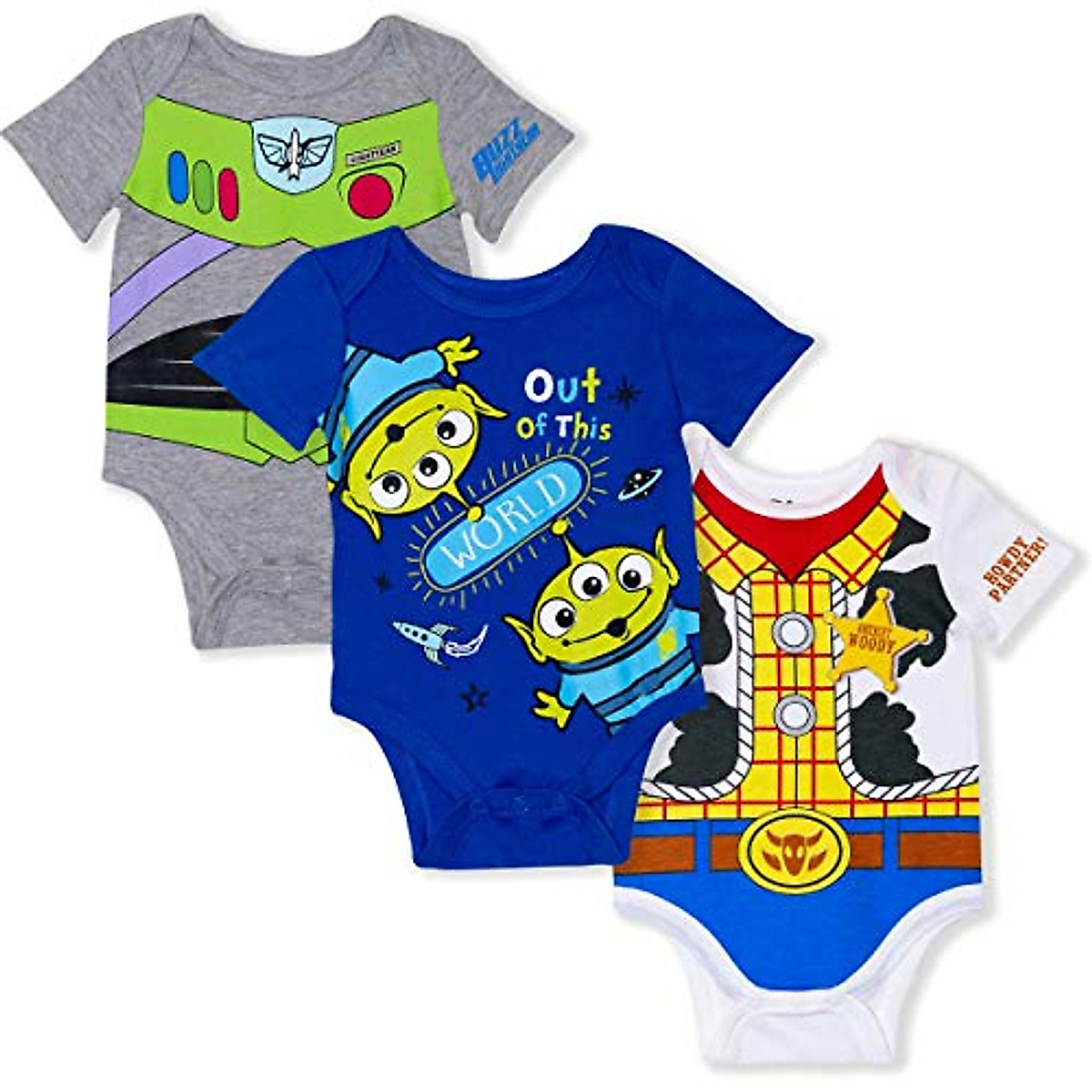 Disney Toy Story Woody, Green Aliens & Buzz Boys’ 3 Pack Bodysuit Costume for Newborn and Infant – Green/Navy/White