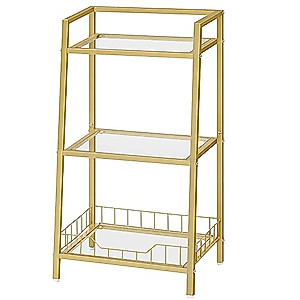 HOOBRO Gold Bookshelf, 3-Tier Tempered Glass Bookcase, Bathroom Storage Stand, Record Storage Rack with Side Guards, Strong and Durable, for Bathroom, Bedroom, Living Room Modern Style, Gold GD77CJ01