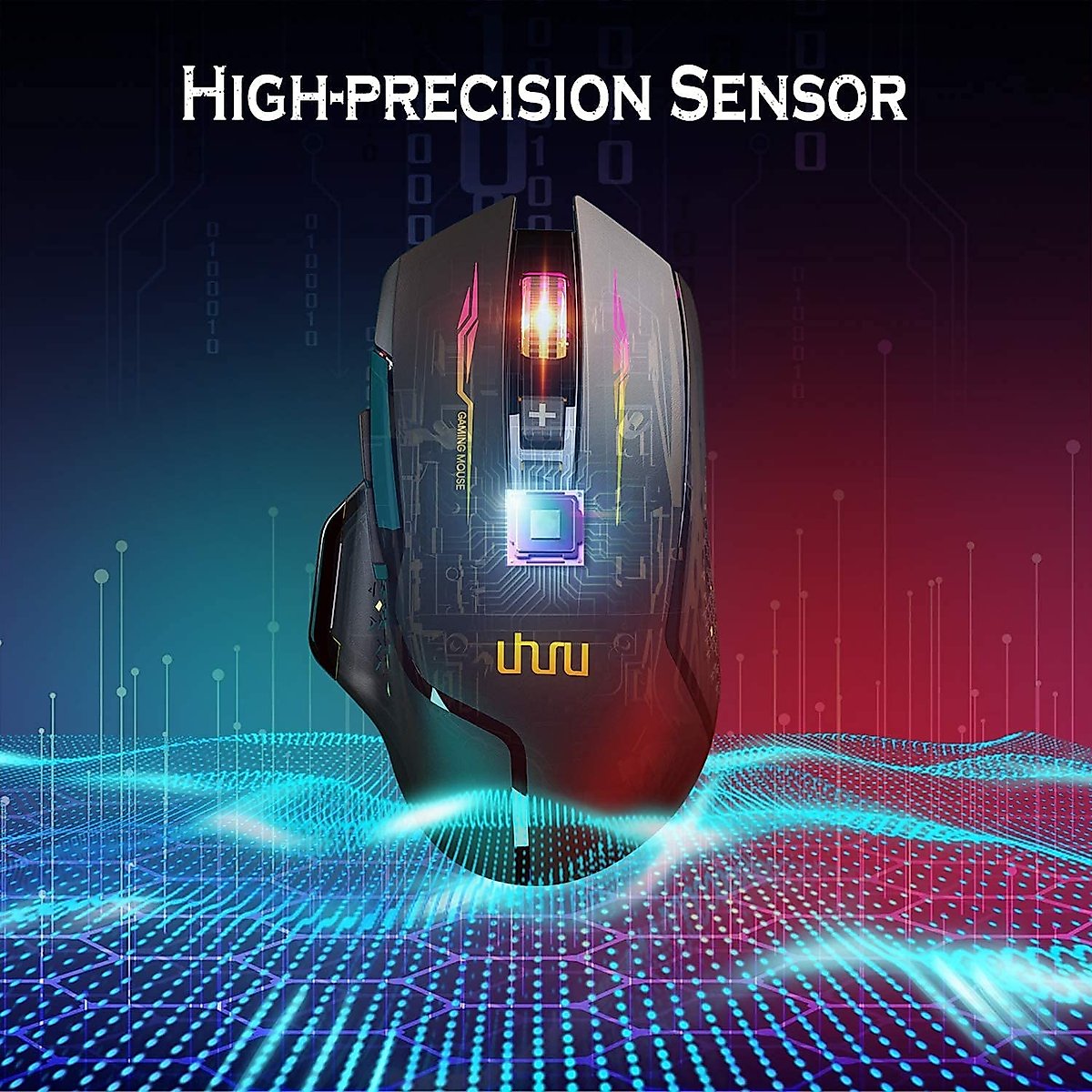 UHURU Wireless Gaming Mouse, Wired and Wireless Dual Modes Rechargeable RGB Gaming Mouse with 7 Programmable Buttons, Ergonomic and 5 Adjustable DPI Levels up to 10000 DPI for PC Laptop Gamer （WM-07）