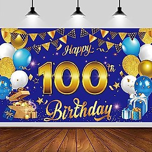 6x3.6FT 100th Blue Gold Birthday Backdrop Happy Birthday Photography Background Banner for Gold Birthday Party Backdrop for Men Women Birthday Party Supplies Decoration.